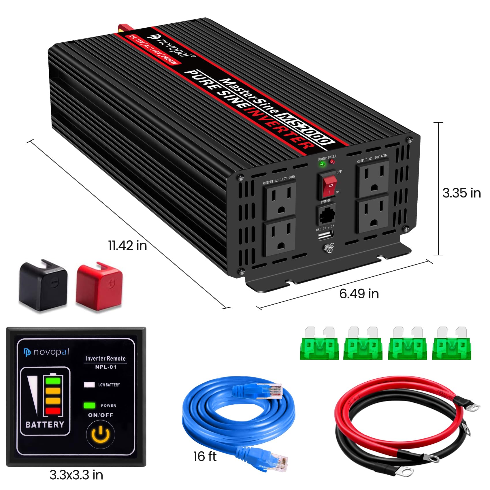 Novopal Power Inverter Pure Sine Wave 2000 Watt 12V DC to 110V/120V AC Converter- 4 AC Outlets Car Inverters with One USB Port,16.4Ft Remote Control-Peak Power 4000 Watt