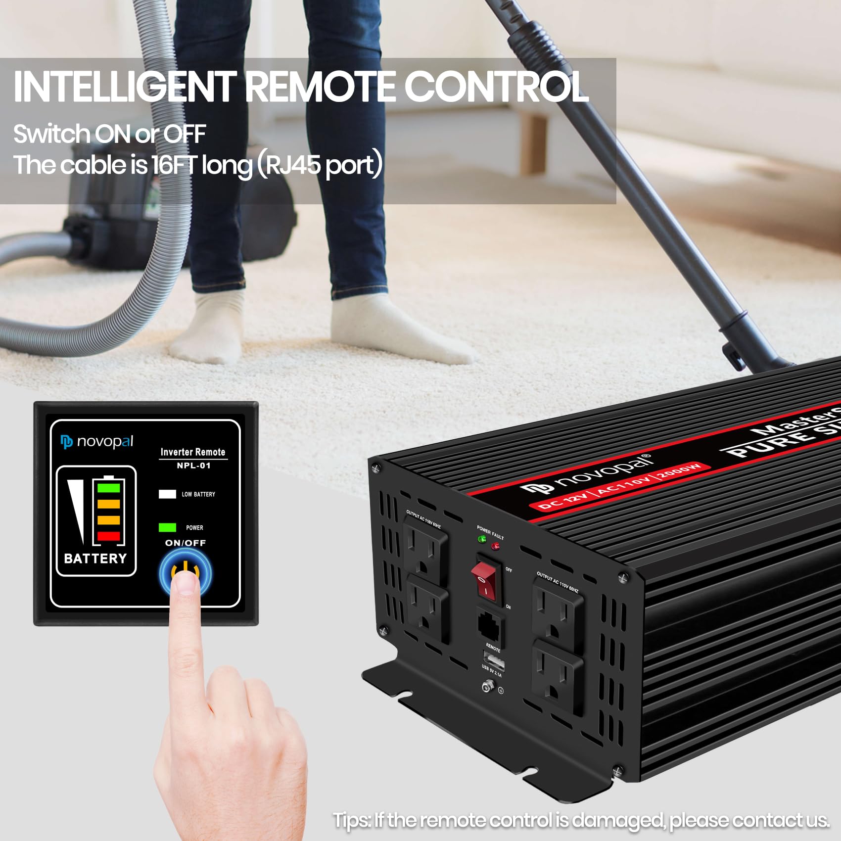 Novopal Power Inverter Pure Sine Wave 2000 Watt 12V DC to 110V/120V AC Converter- 4 AC Outlets Car Inverters with One USB Port,16.4Ft Remote Control-Peak Power 4000 Watt