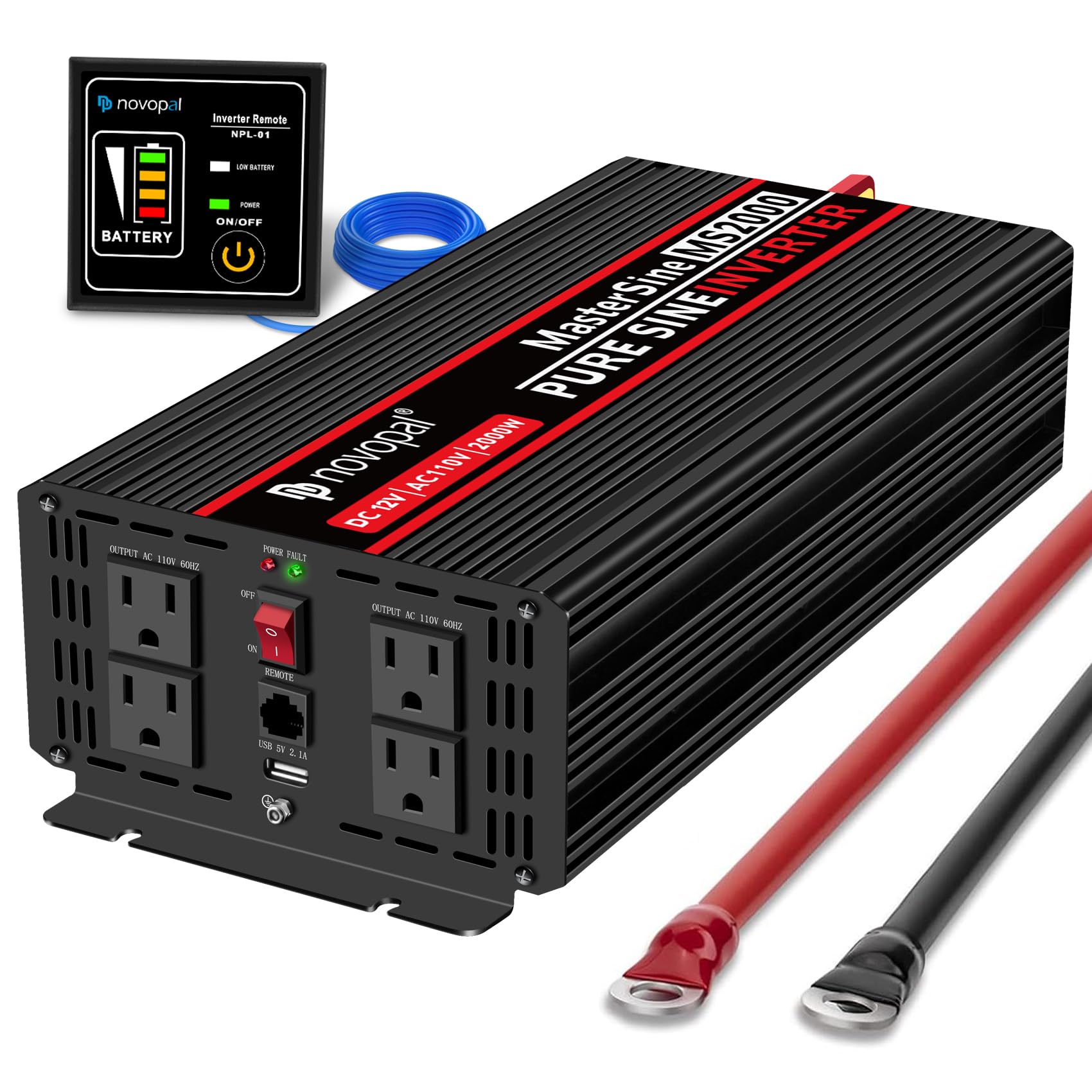 Novopal Power Inverter Pure Sine Wave 2000 Watt 12V DC to 110V/120V AC Converter- 4 AC Outlets Car Inverters with One USB Port,16.4Ft Remote Control-Peak Power 4000 Watt