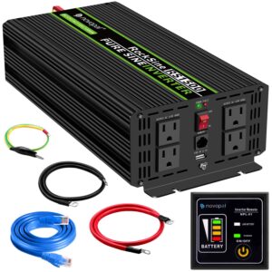 novopal power inverter pure sine wave-1500 watt 12v dc to 110v/120v ac converter- 4 ac outlets car inverter with one usb port-16.4ft remote control and two cooling fans-peak power 3000 watt black