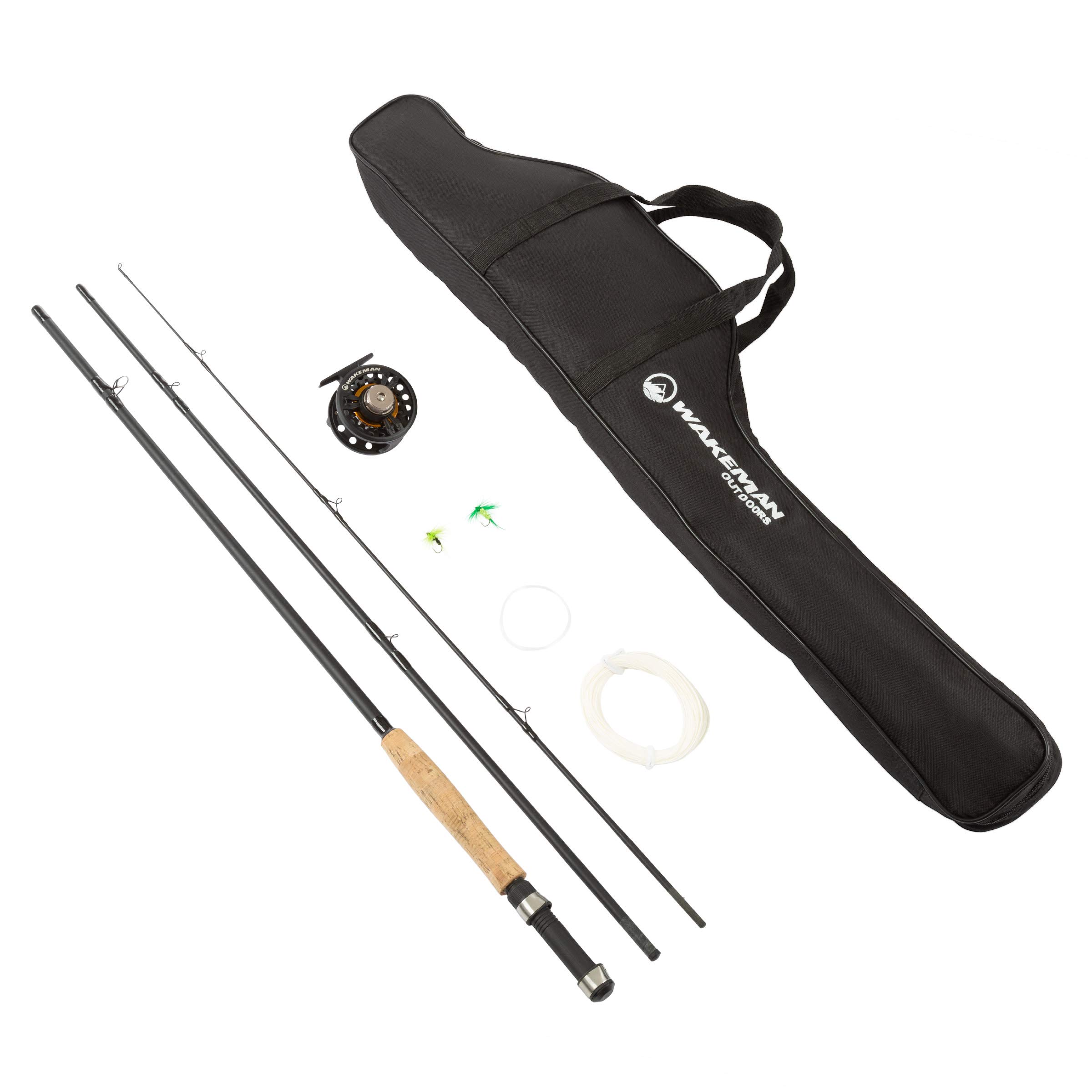 3-Piece Fly Fishing Rod and Reel Combo Starter Kit - 97-Inch Collapsible Fiberglass and Cork Fishing Pole with Case and Accessories by Wakeman (Black)