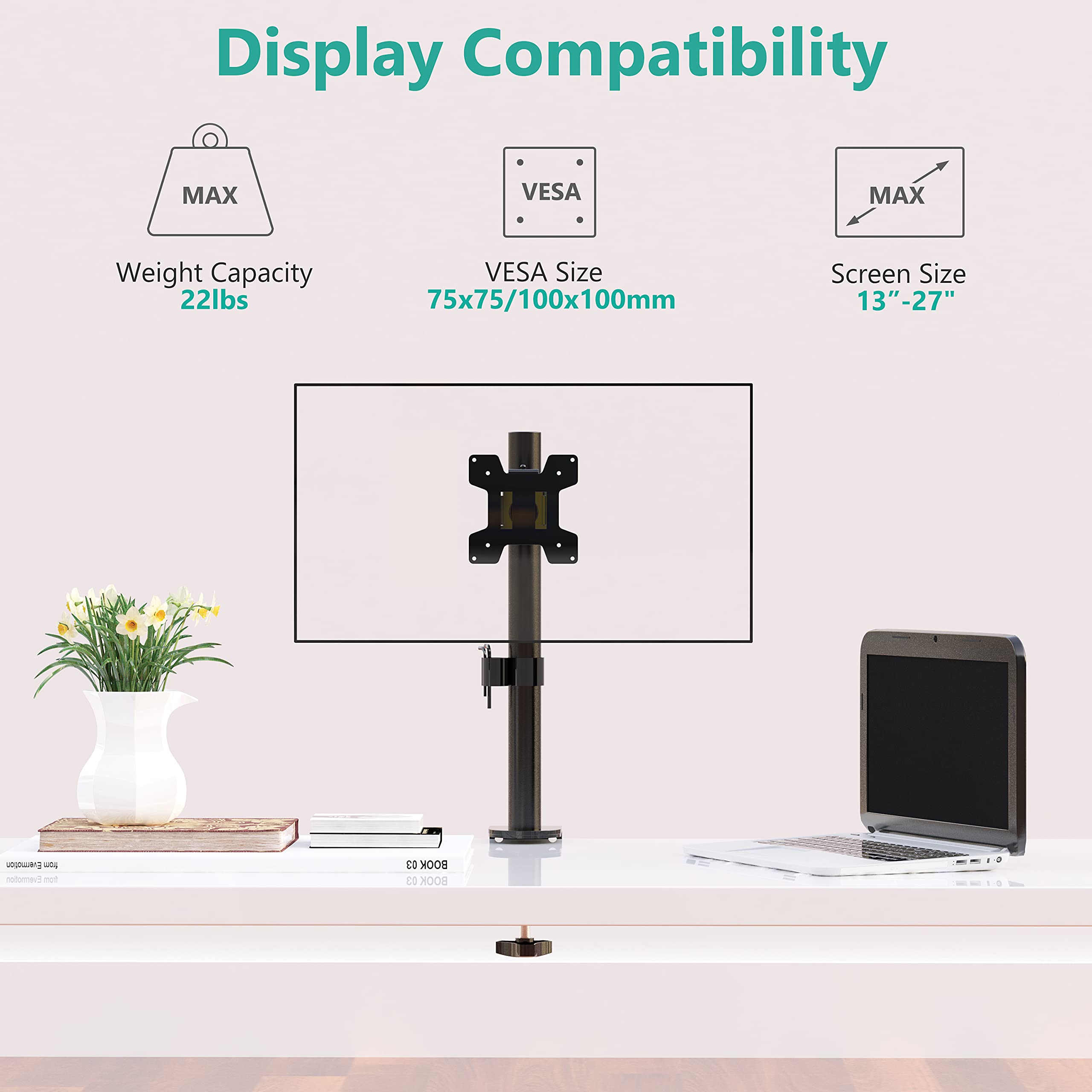 WALI Single Monitor Mount, Single Desk Monitor Stand, Single Monitor Arm Holds Screen Up to 27inch, 22lbs, Fully Adjustable Mount Designed for Home Office Application(M001S), Black