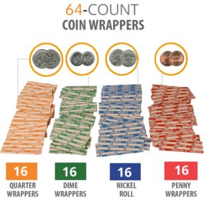 Coin Counter and Sorters Money Tray – Bundled with 64 Coin Roll Wrappers – 6 Storage Compartment Change Organizer and Holder - Ideal Coin Dispenser for Bank Tellers Business or Home Use