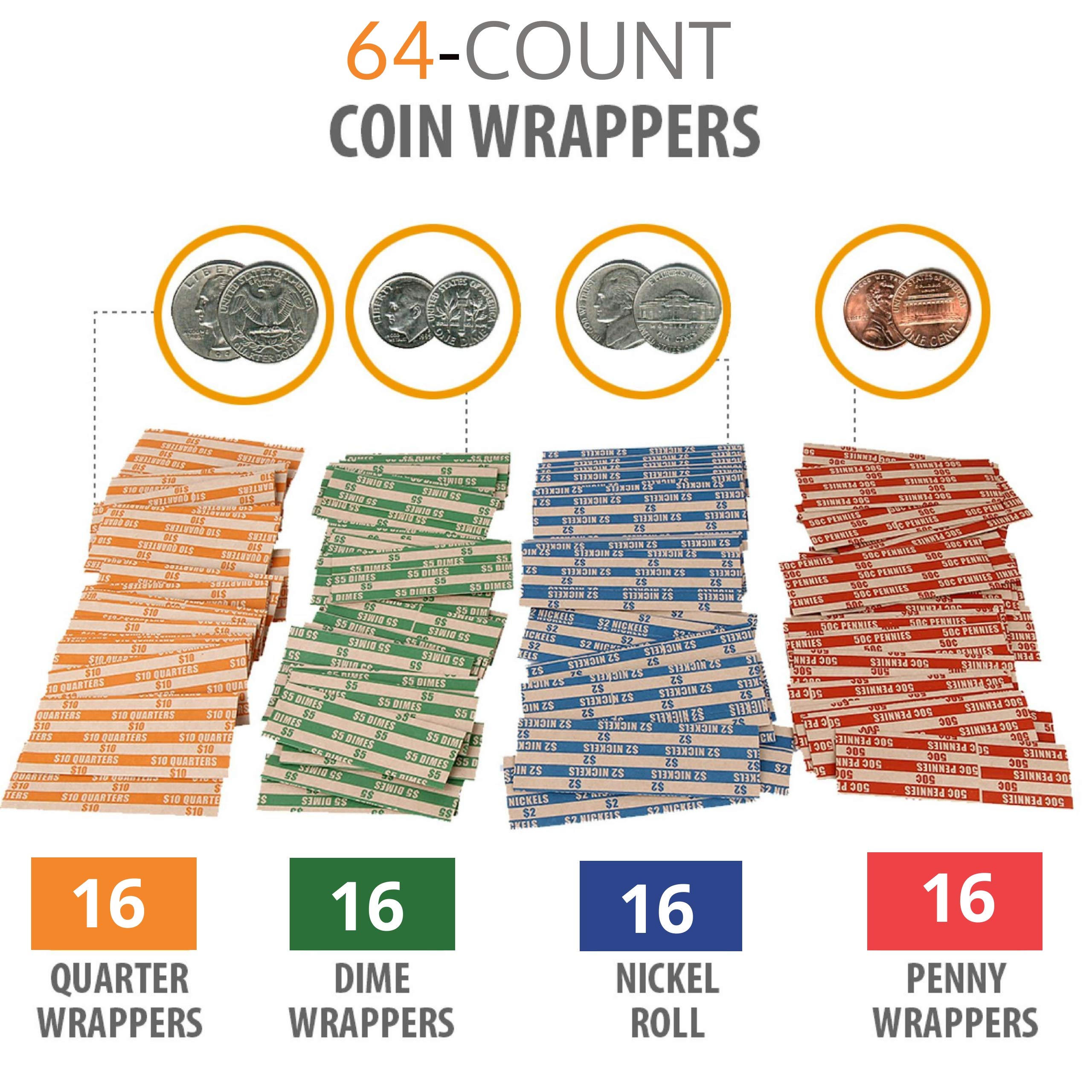 Coin Counter and Sorters Money Tray – Bundled with 64 Coin Roll Wrappers – 6 Storage Compartment Change Organizer and Holder - Ideal Coin Dispenser for Bank Tellers Business or Home Use