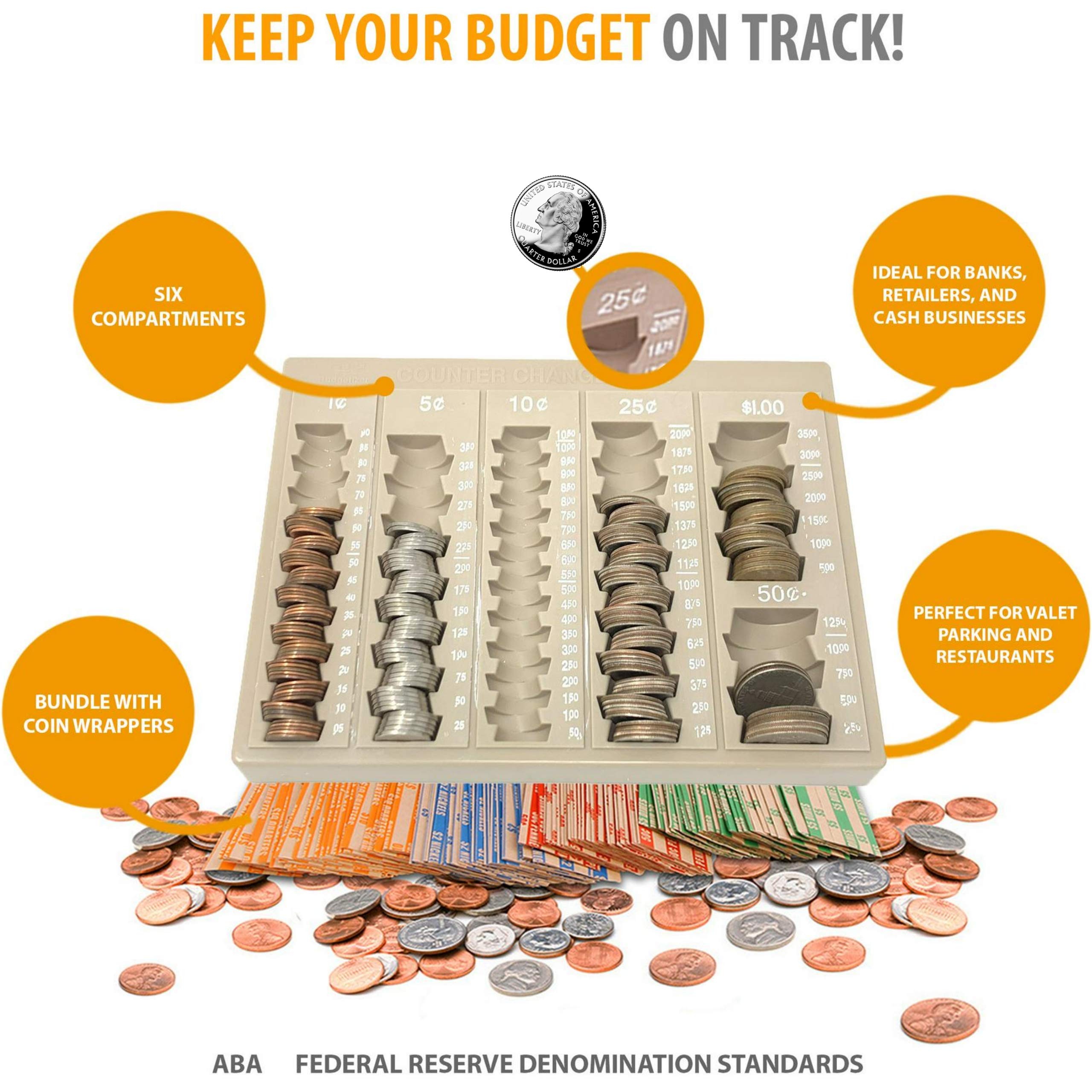 Coin Counter and Sorters Money Tray – Bundled with 64 Coin Roll Wrappers – 6 Storage Compartment Change Organizer and Holder - Ideal Coin Dispenser for Bank Tellers Business or Home Use