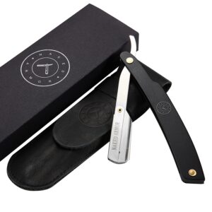 best shavette straight razor - replaceable blade straight razor, metal handle shavette, no stropping & honing needed, great starter blade, hygienic, close shave, leather case (black)