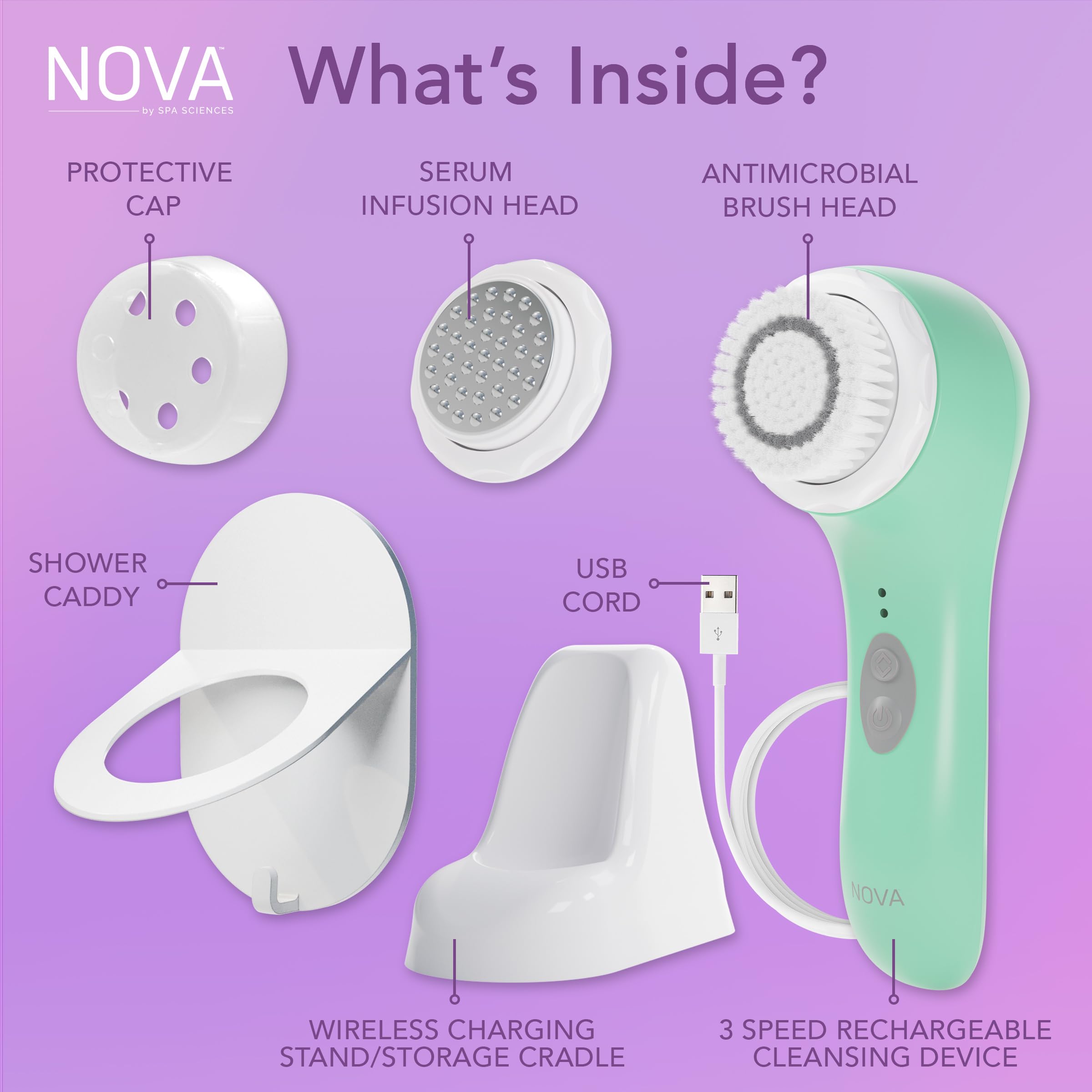 Spa Sciences - NOVA - Sonic Cleansing Brush with Bristles & Infusion System – Anti-Aging Facial Exfoliating, Waterproof, and USB Rechargeable