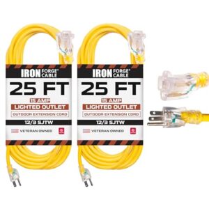 iron forge cable 2 pack of 25 foot outdoor extension cords - 12/3 sjtw heavy duty lighted yellow extension cable with 3 prong grounded plug for safety, 15 amp - great for garden and major appliances