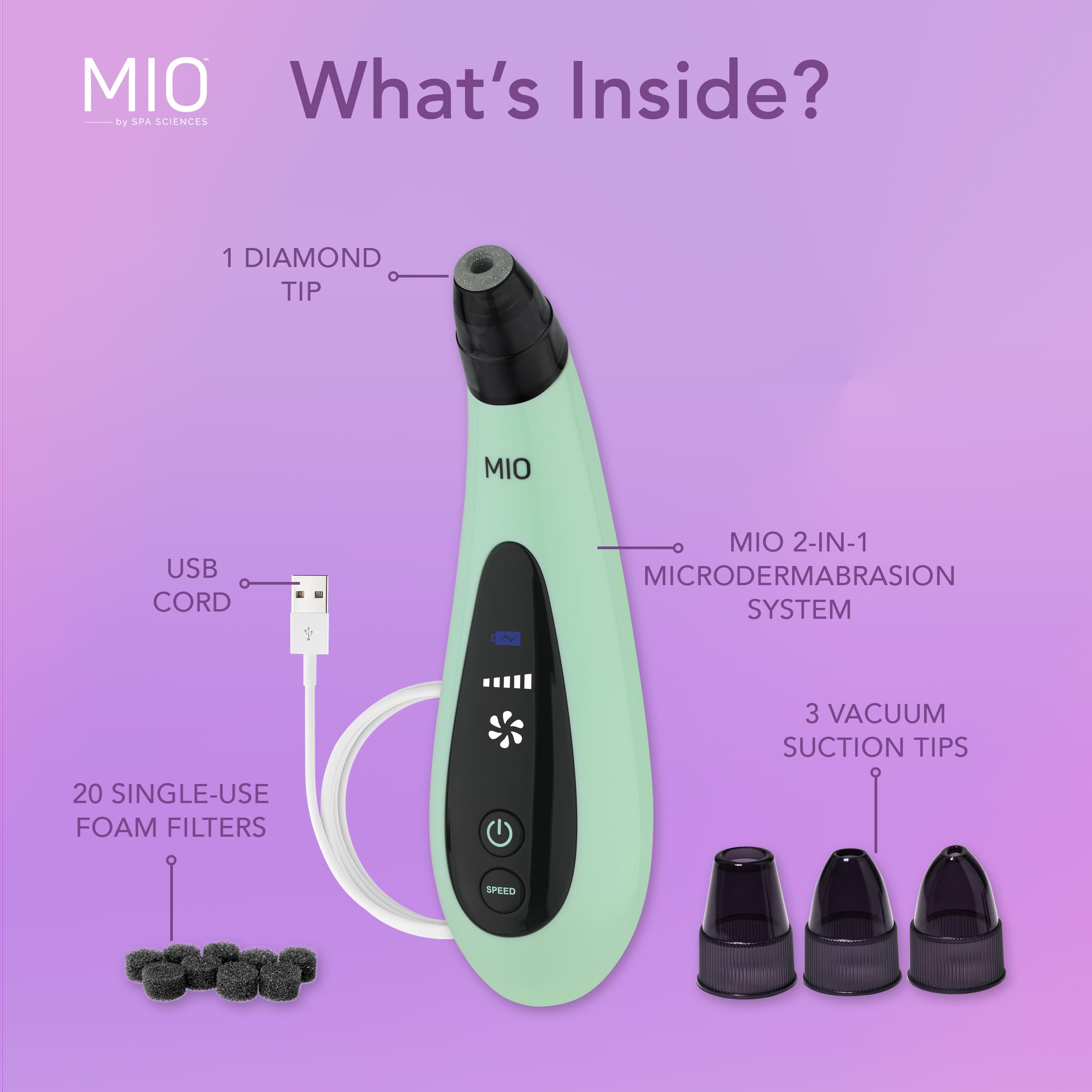 Spa Sciences MIO Diamond Microdermabrasion Blackhead Remover, Pore Suction Tool–Rechargeable-Dermatologist Recommended Skin Resurfacing System for Anti-Aging-Exfoliator for Acne Scars/Wrinkles (Mint)