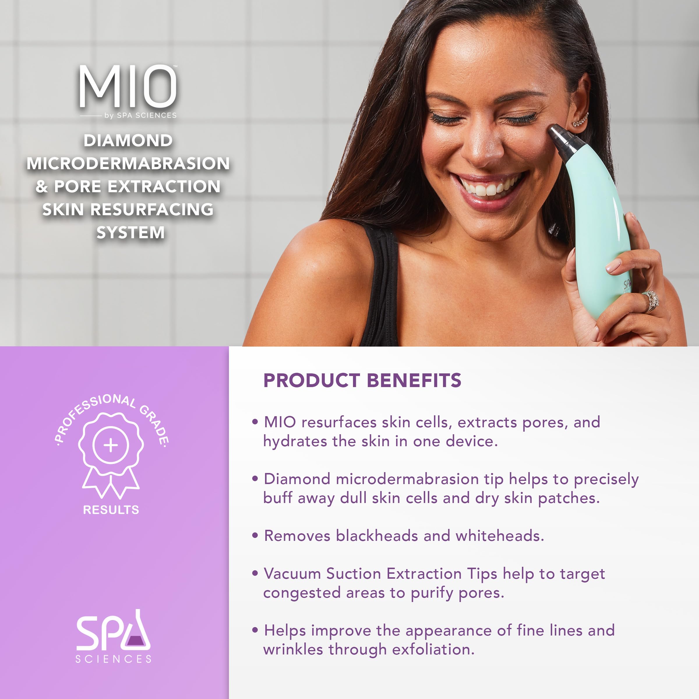 Spa Sciences MIO Diamond Microdermabrasion Blackhead Remover, Pore Suction Tool–Rechargeable-Dermatologist Recommended Skin Resurfacing System for Anti-Aging-Exfoliator for Acne Scars/Wrinkles (Mint)