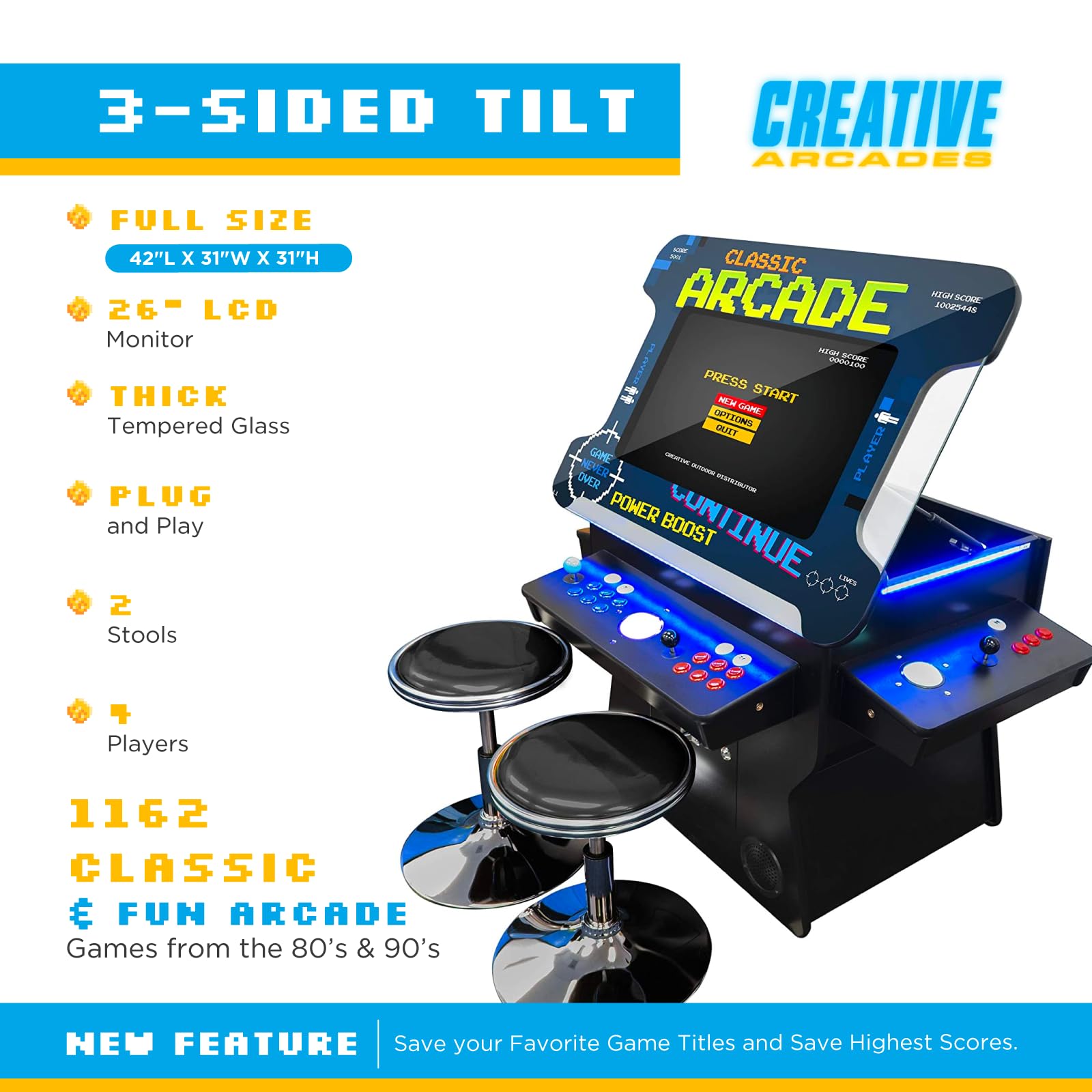 Creative Outdoor Distributor Arcades Full Size Commercial Grade Cocktail Arcade Machine | 2 Player, 1162 Games Kid, 26" LCD Lifting Screen | 3 Sided | 4 Sanwa Joysticks |Trackball | 2 Stools Included