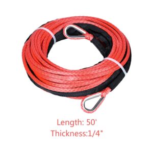 Anzio 1/4" x50' ATV Synthetic Rope Extension Winch Cable with 39" Rock Guard- Breaking Strength Max. 7500 lbs (Red)