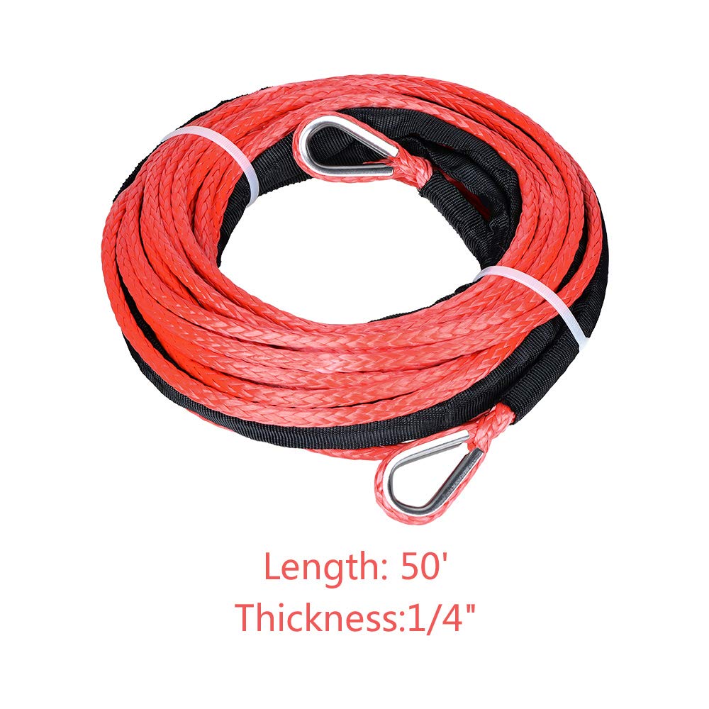 Anzio 1/4" x50' ATV Synthetic Rope Extension Winch Cable with 39" Rock Guard- Breaking Strength Max. 7500 lbs (Red)