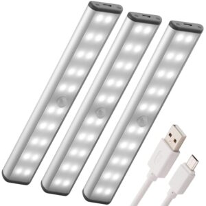 moston motion sensor closet lights, 3 pack 20 led cordless under cabinet lighting with built-in rechargeable battery, stick-on anywhere magnetic night lamp for cupboard cabinet kitchen stairs