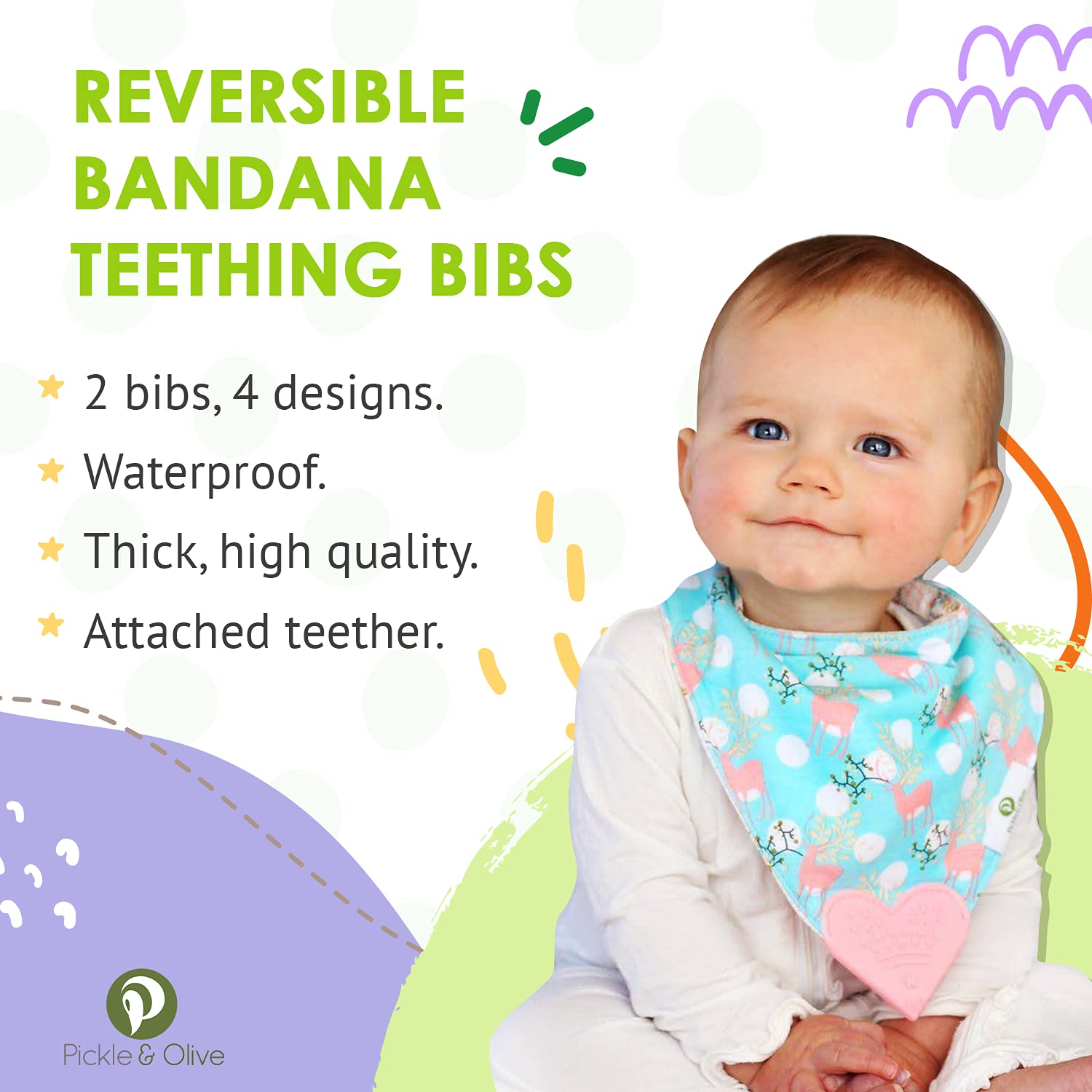 Reversible Baby Teething Bibs - Attached Pink Heart Teether - Boho Antler - Set of 2