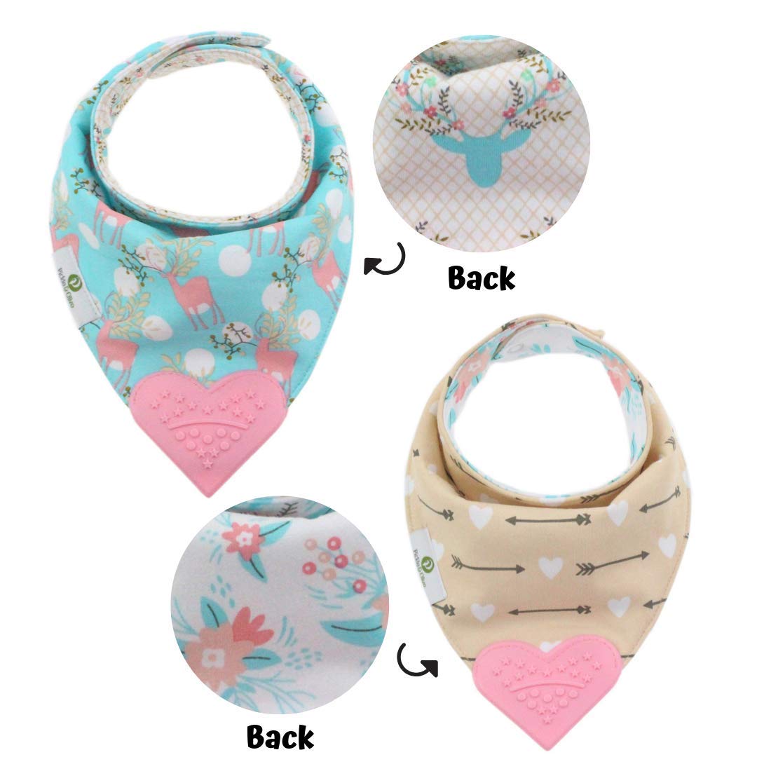 Reversible Baby Teething Bibs - Attached Pink Heart Teether - Boho Antler - Set of 2