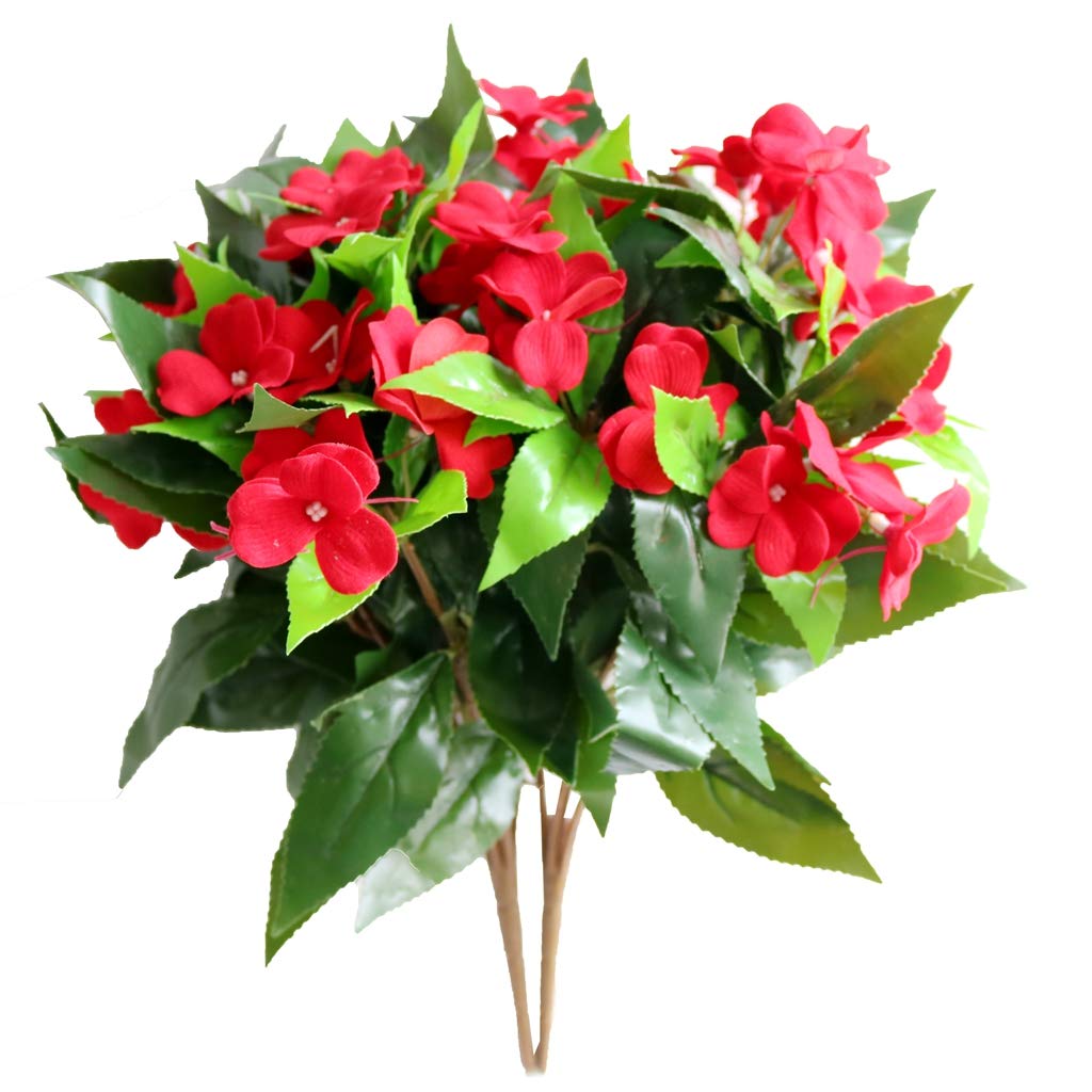 Xilyya 2PCS Artificial Impatiens Bushes Silk Flowers Greenery Indoor Garden Office Wedding Decor (Red)