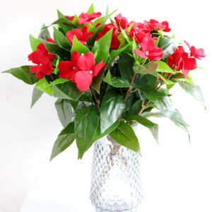 Xilyya 2PCS Artificial Impatiens Bushes Silk Flowers Greenery Indoor Garden Office Wedding Decor (Red)