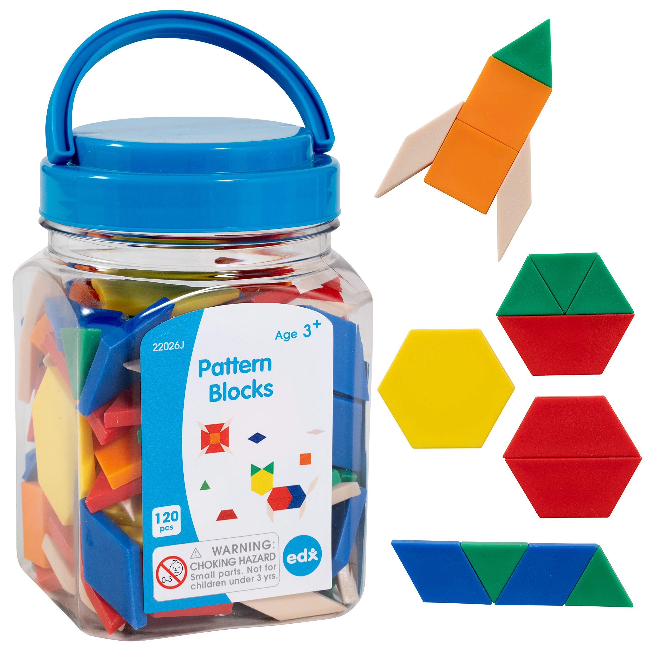 Edx Education Pattern Blocks - Mini Jar Set of 120 - Plastic Pattern Blocks - Practice Sorting, Patterns, Measurement and Fractions - Math Manipulative for Kids