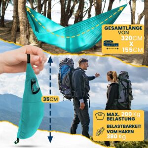 Ticket to the Moon Compact 1 Person Lightweight Camping Hammock - Fair Trade & Handmade Portable Hammock for Traveling, Camping, Parachute Silk Nylon, Set-Up < 1 min - Turquoise