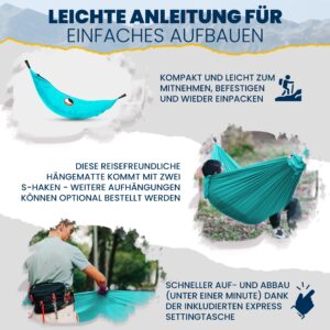 Ticket to the Moon Compact 1 Person Lightweight Camping Hammock - Fair Trade & Handmade Portable Hammock for Traveling, Camping, Parachute Silk Nylon, Set-Up < 1 min - Turquoise