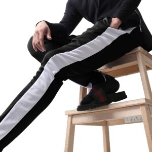 Mens Stripe Track Pants Skinny Fit Stretch Trouser Elastic Jogger 1VWA0006(Medium, P122_blk/WHI)