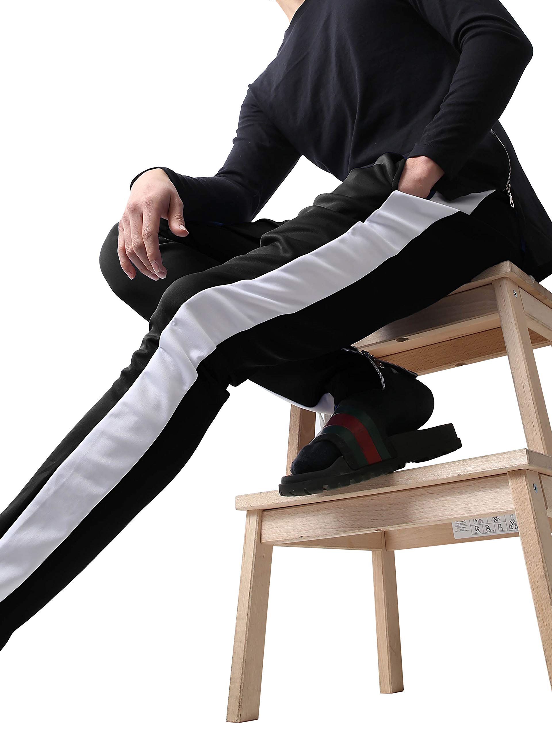 Mens Stripe Track Pants Skinny Fit Stretch Trouser Elastic Jogger 1VWA0006(Medium, P122_blk/WHI)