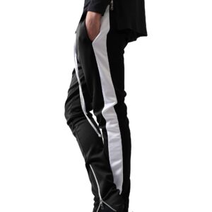 Mens Stripe Track Pants Skinny Fit Stretch Trouser Elastic Jogger 1VWA0006(Medium, P122_blk/WHI)