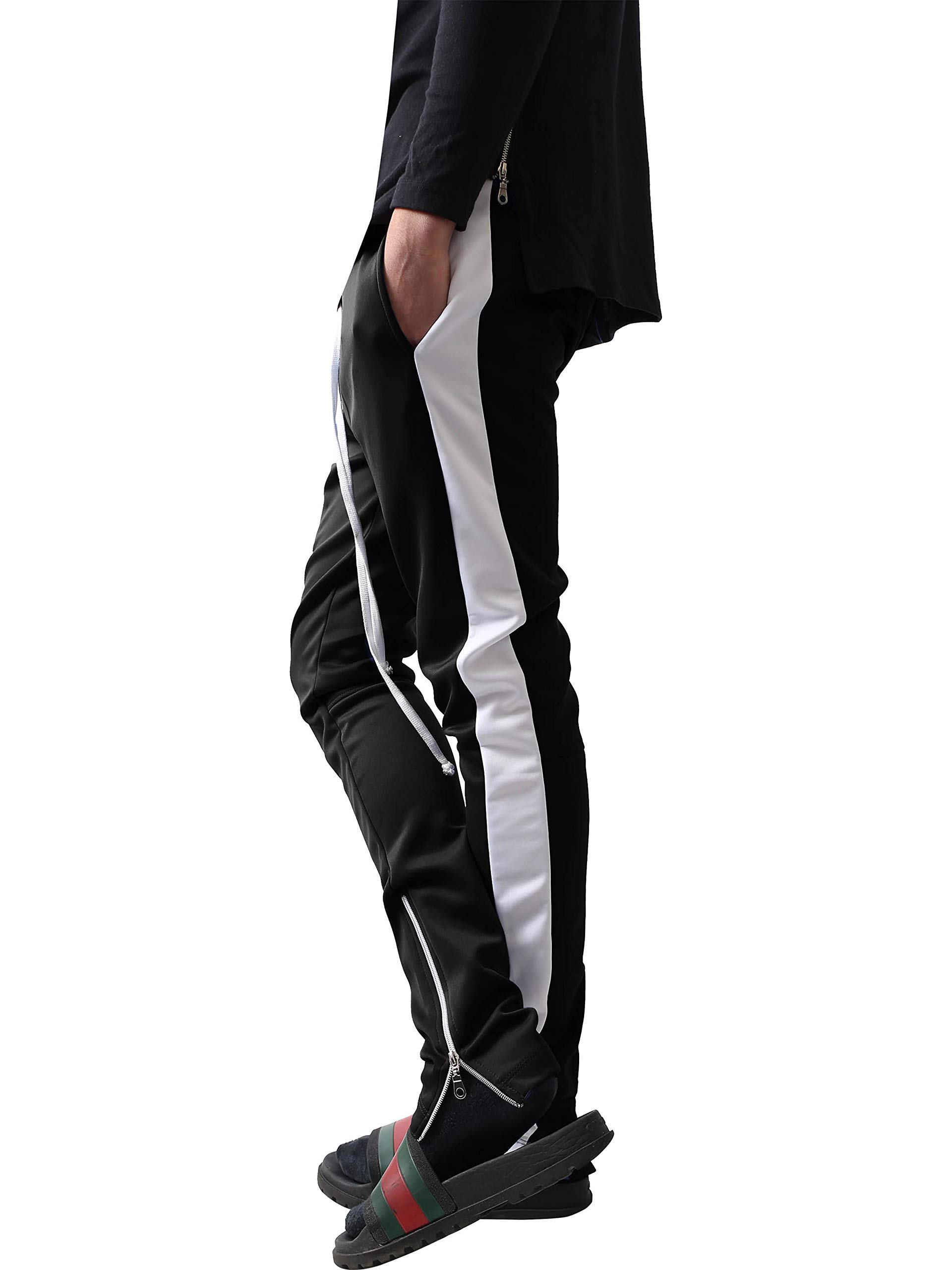 Mens Stripe Track Pants Skinny Fit Stretch Trouser Elastic Jogger 1VWA0006(Medium, P122_blk/WHI)