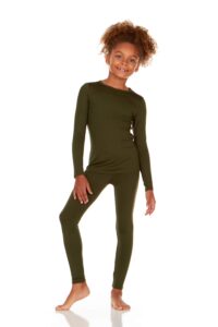 thermajane thermal underwear for kids long johns, girls thermal underwear set, base layer kids long underwear (olive green, medium)