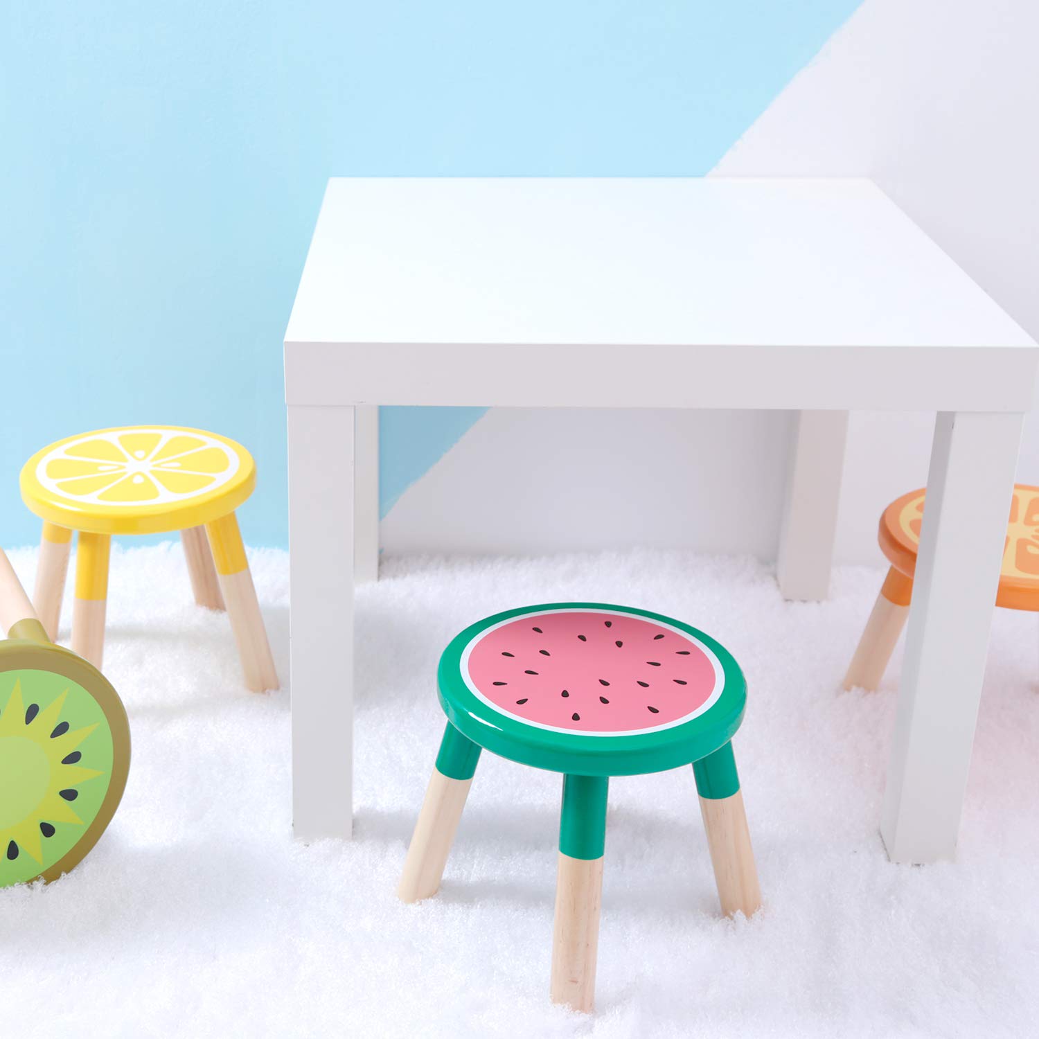 RUYU 9 Inch Kids Solid Hard Wood Fruit Chair, Crafted Hand-Painted Wood with Assembled Four-Legged Sitting Stool, Bedroom, Playroom, Watermelon Furniture Stool for Children(Watermelon)