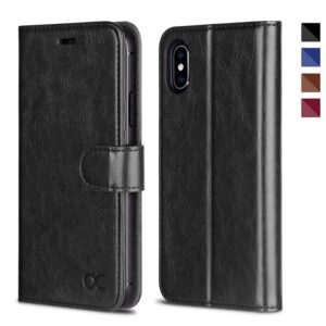 ocase iphone x wallet case, iphone 10 case [ wireless charging ] [ card slot ] [ kickstand ] leather flip wallet phone cover compatible with iphone x/iphone 10 - black