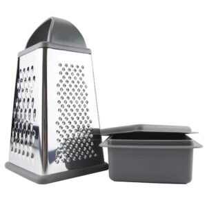 tovolo box grater, stainless steel with 4 sides best for parmesan cheese, vegetables, ginger, nuts with detachable storage container one charcoal