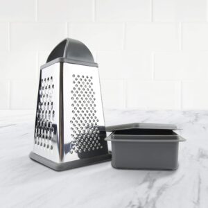 Tovolo Box Grater, Stainless Steel with 4 Sides Best for Parmesan Cheese, Vegetables, Ginger, Nuts with Detachable Storage Container One Charcoal