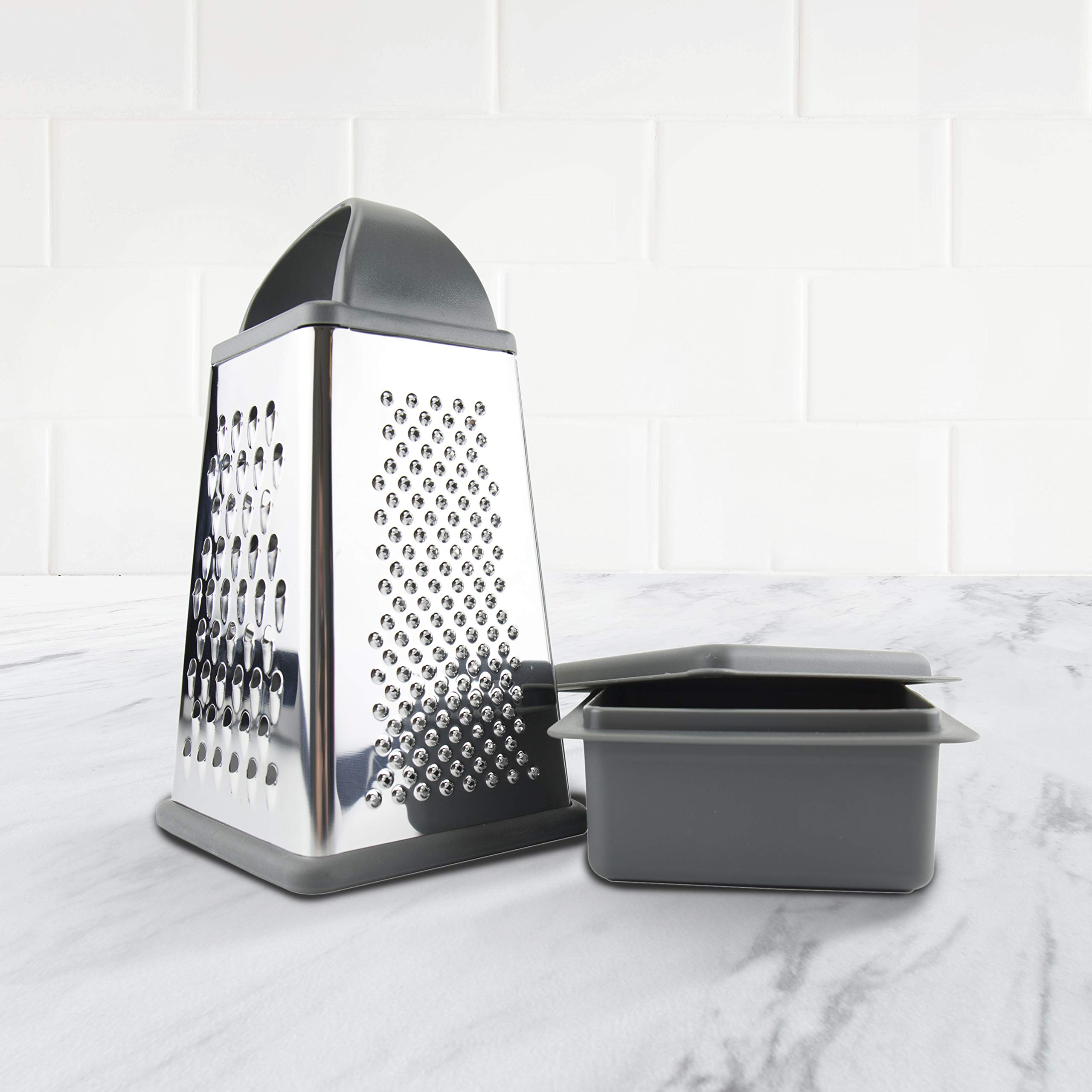 Tovolo Box Grater, Stainless Steel with 4 Sides Best for Parmesan Cheese, Vegetables, Ginger, Nuts with Detachable Storage Container One Charcoal