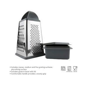 Tovolo Box Grater, Stainless Steel with 4 Sides Best for Parmesan Cheese, Vegetables, Ginger, Nuts with Detachable Storage Container One Charcoal