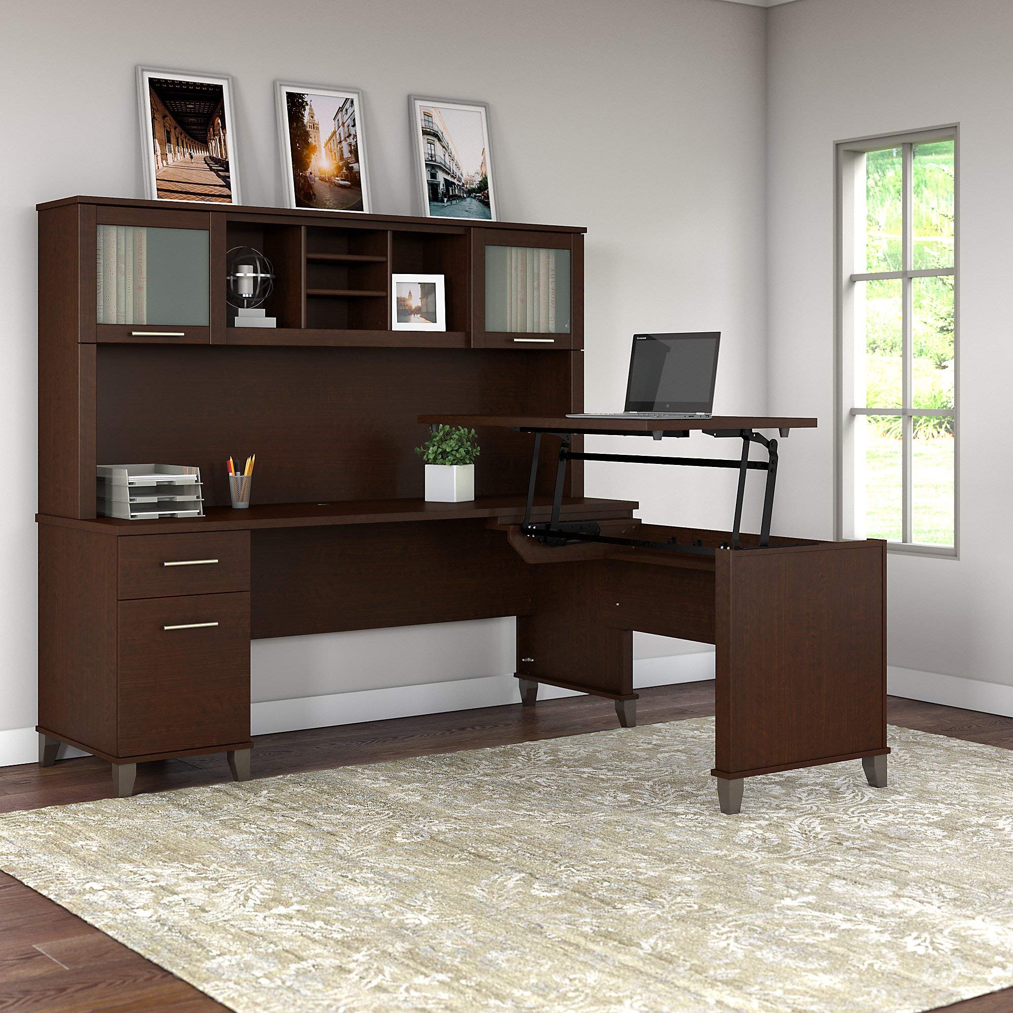 Bush Furniture Somerset 72W 3 Position Sit to Stand L Shaped Desk with Hutch in Mocha Cherry