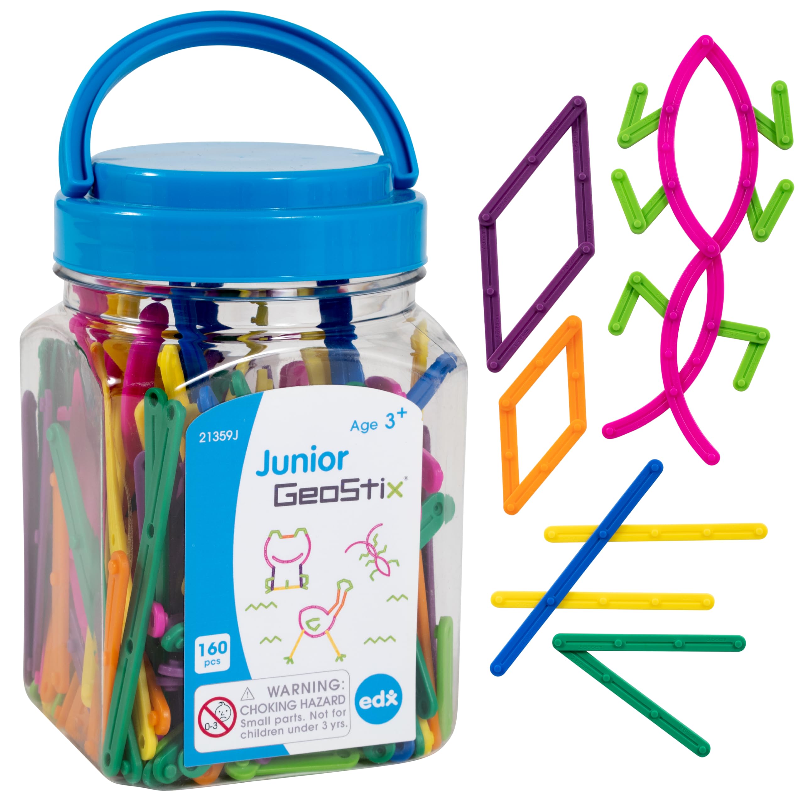 edxeducation - 21359 Junior GeoStix - Mini Jar Set of 160 - Geometric Construction Sticks - Build 2D Shapes and Pictures - Math Manipulative for Kids - Ages 3+