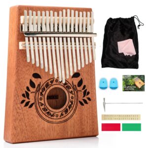 unokki kalimba 17 key thumb piano, portable mahogany mbira finger piano with instruction, carrying bag, tune hammer, reduce stress, gift for well-being for kids, adults, men, music lovers- light brown