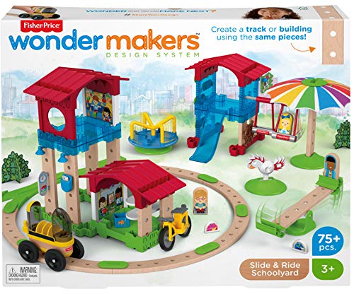 Fisher-Price Wonder Makers Slide & Ride Schoolyard - 75+ Piece Building and Wooden Track Play Set for Ages 3 Years & Up