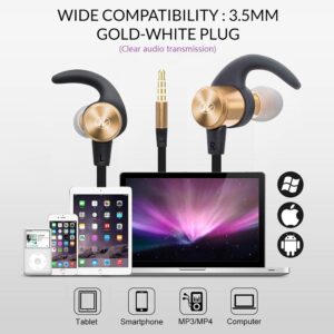 NEM Headphones in Ear Earbuds Magnetic Sweat Proof Sports Wired Earphones Stereo Bass Noise Cancelling Headsets with Microphone and Volume Control for All 3.5mm Jack Phones (Gold)