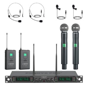 phenyx pro wireless microphone system, 4-channel uhf wireless mic set with handheld/bodypack/headset/lapel mics, fixed frequency metal cordless microphone for church,singing,dj(ptu-5000-2h2b)