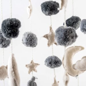 Mud Pie Pom Pom Stars and Clouds Celestial Crib Mobile - White and Grey, White/Grey