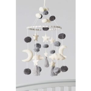 Mud Pie Pom Pom Stars and Clouds Celestial Crib Mobile - White and Grey, White/Grey