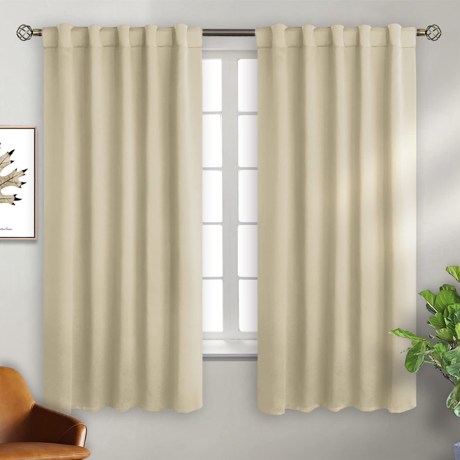 BGment Beige Room Darkening Curtains 63 inch Length - Rod Pocket and Back Tab Thermal Insulated Curtains for Bedroom/Living Room, 2 Panels Set, 42 x 63 Inch