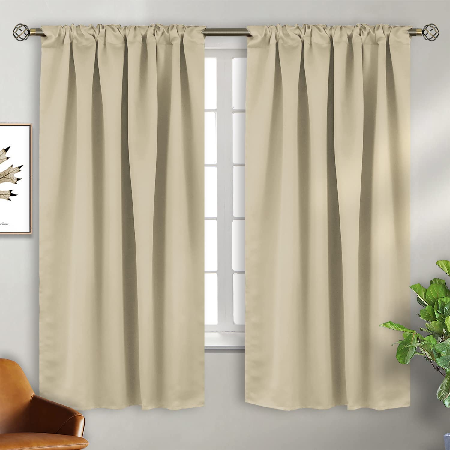 BGment Beige Room Darkening Curtains 63 inch Length - Rod Pocket and Back Tab Thermal Insulated Curtains for Bedroom/Living Room, 2 Panels Set, 42 x 63 Inch