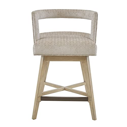 Madison Park Glenwood Upholstered Swivel Counter Stools, Height Kitchen Chair, Solid Wood, Bronze Metal Kickplate Footrest, Back Support, Pipped Fabric, Dining Room Accent Furniture, Cream