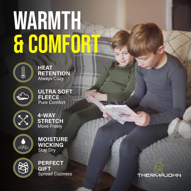 Thermajohn Thermal Underwear for Kids, Boys Thermal Underwear Set | Kids Base Layers for Skiing | Long Johns for Boys Kids, Charcoal, (M)