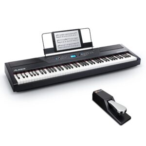 digital piano bundle - electric keyboard with 88 weighted keys, built-in speakers, 12 voices and sustain pedal – alesis recital pro and m-audio sp-2