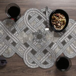 Alpha Living Home Handmade Fancy Scrolled Embroidery Beaded Table Runner for Tabletop and Kitchen Grey/Silver - Home Decor Mat for Wedding Party Family Gathering - Pack of 1 Measure 15.5 x 35 inches